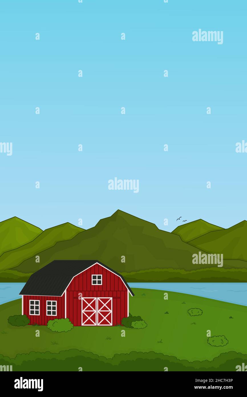 Cartoon summer spring card landscape countryside scene with field house ...