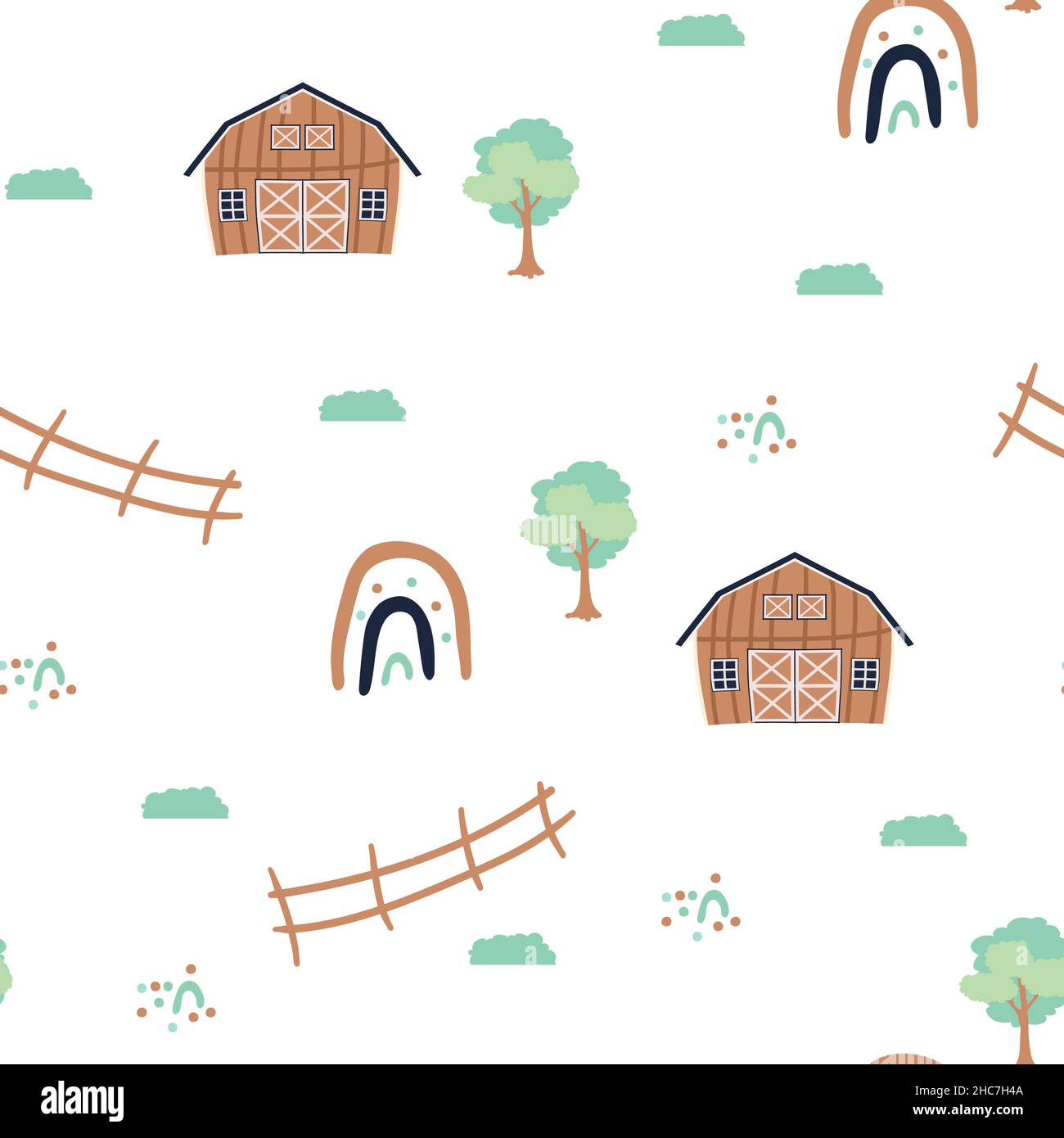 Cute brown barn, green trees, fence, rainbow farm cartoon seamless ...