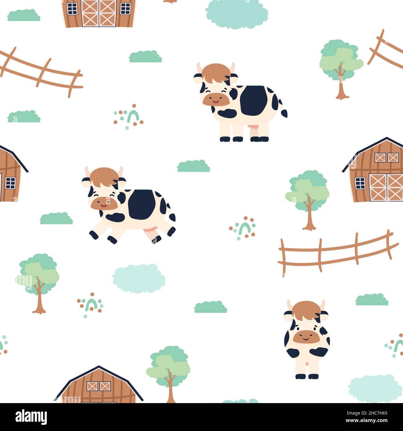 Cute cow farm doodle cartoon animals seamless pattern, white background ...
