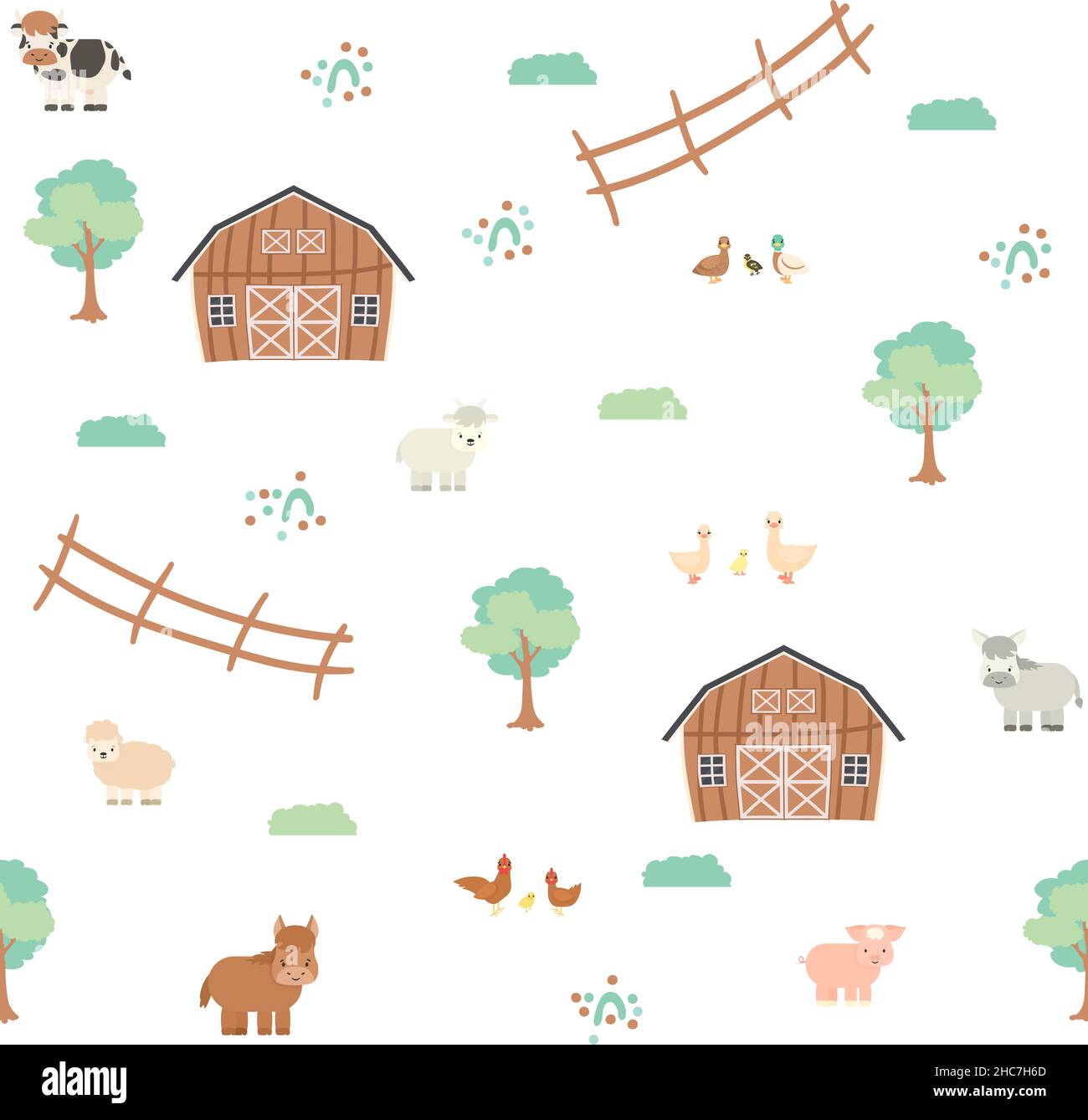Cute brown barn, green trees, fence, farm cartoon animals seamless ...