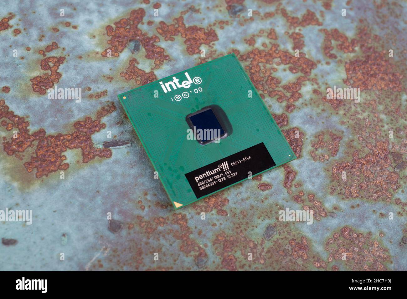 KYIV, UKRAINE - April 22, 2020. Intel Pentium III processor unit on ...