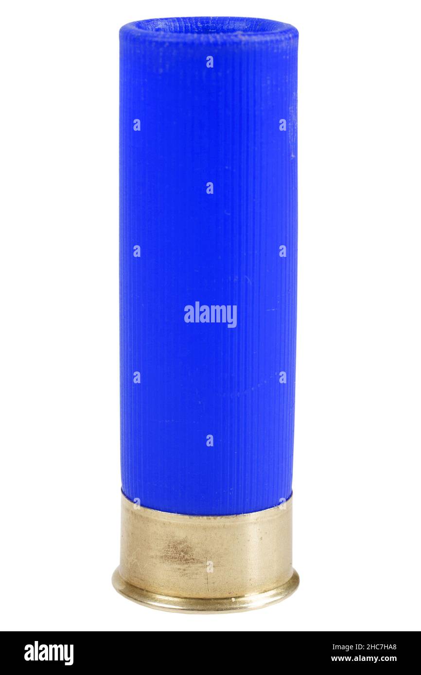 Blue 12 gauge shotgun shell isolated on white background Stock Photo ...