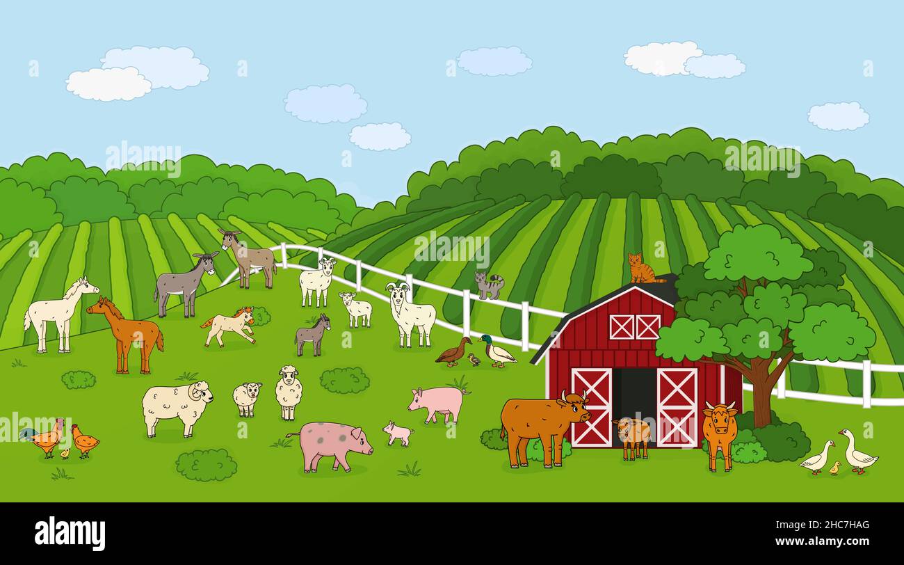 Set of cute outline vector cartoon pet animals at the countryside farm ...