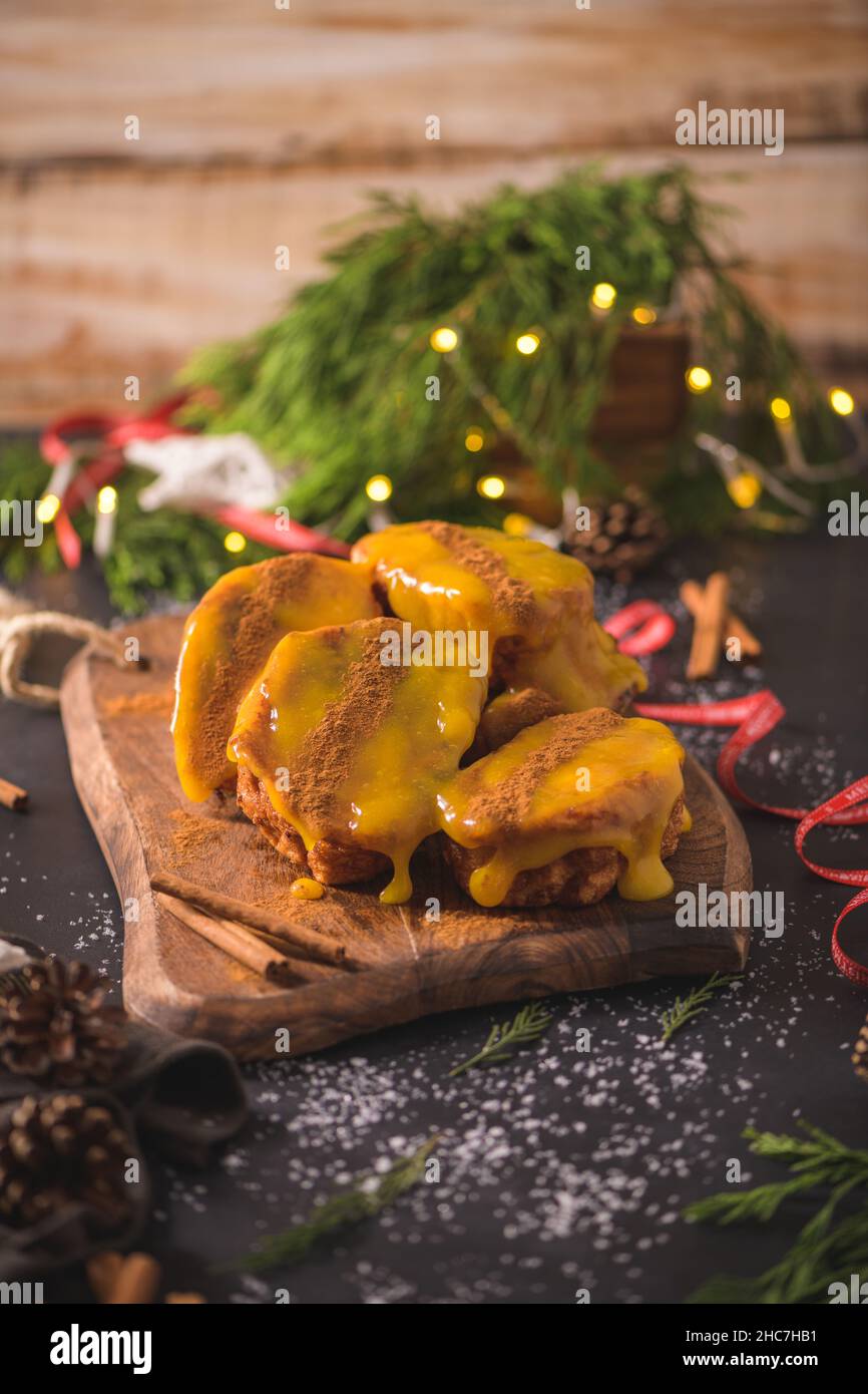 Traditional Christmas Rabanadas with egg yolk cream and cinnamon ...