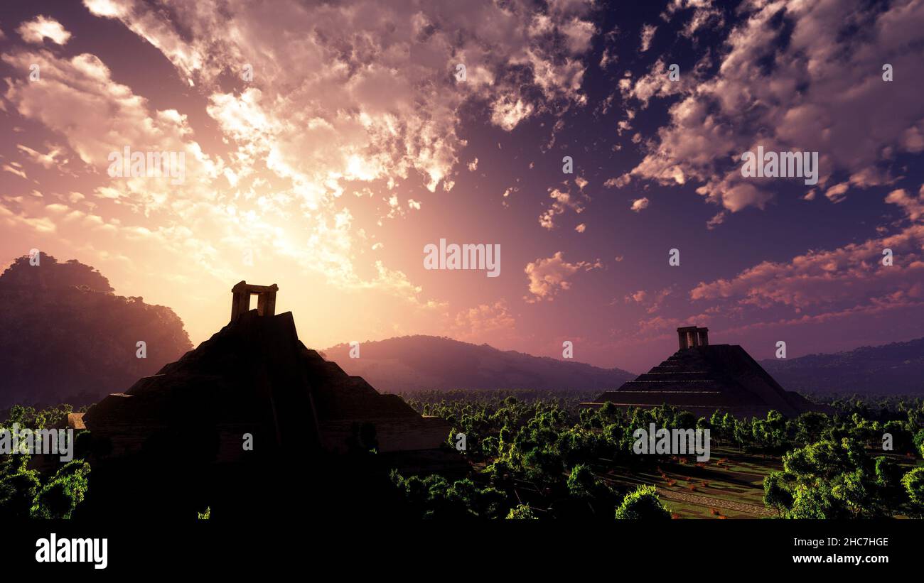 3D rendering of the Chichen Itza monuments gleaming under the sunset ...