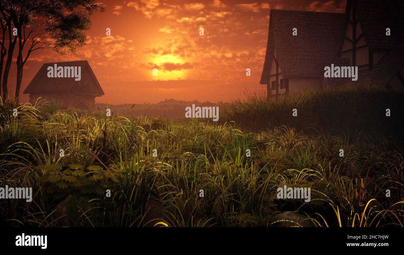 A 3D rendering of a vibrant orange sunset shining over a landscape with ...