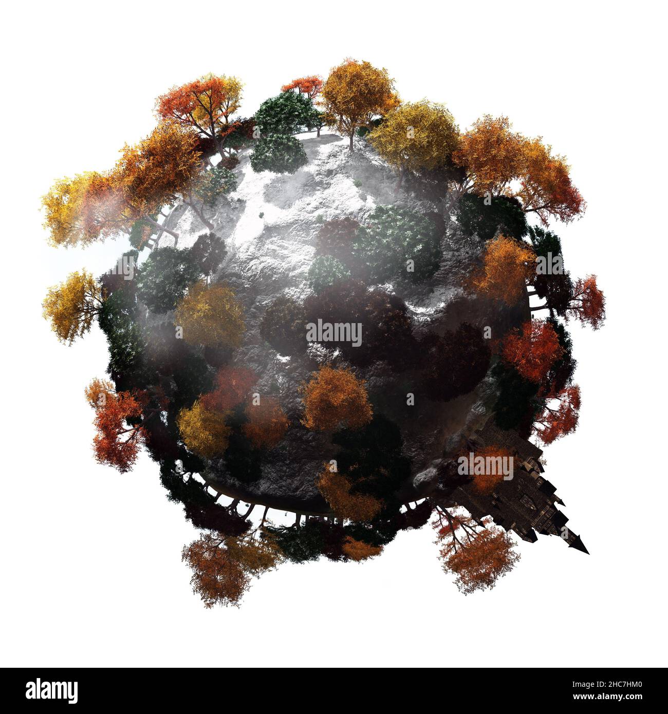 A 3D rendering of a planet with trees isolated on a white background ...