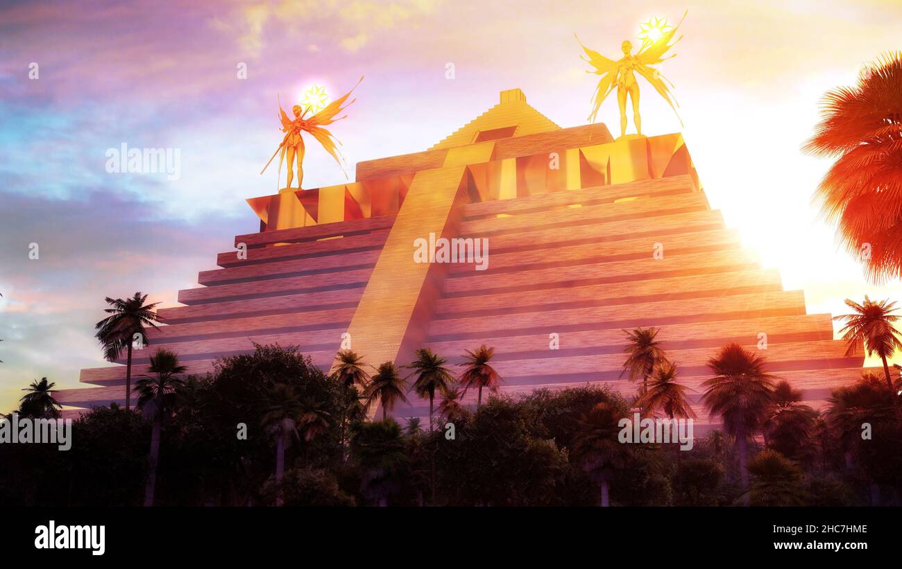 Fantasy background with a pyramid-shaped temple Stock Photo - Alamy