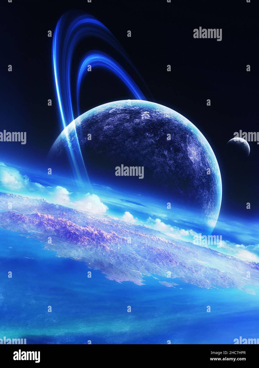 A vertical 3D rendering of Saturn clashing into clouds in outer space ...