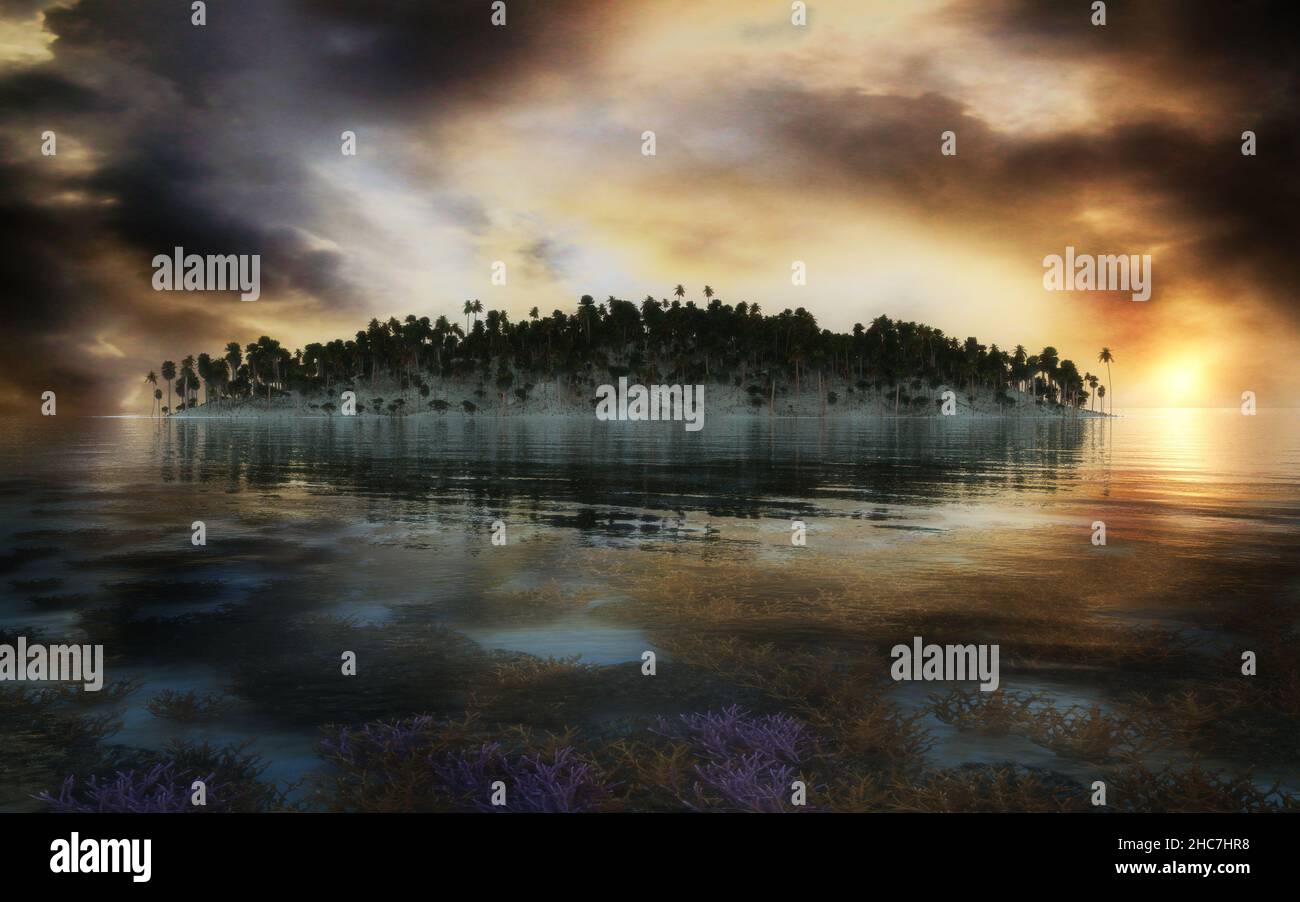 A 3D rendering of an island with a dark orange apocalyptic sky above it ...