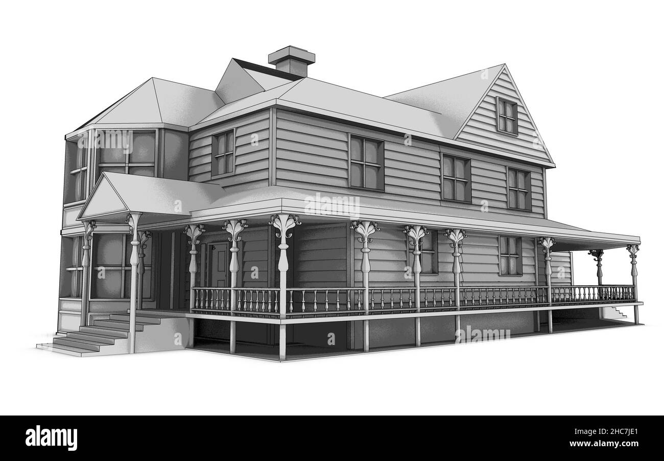 A 3D rendering of a grayscale house with a wrap-around deck on an ...