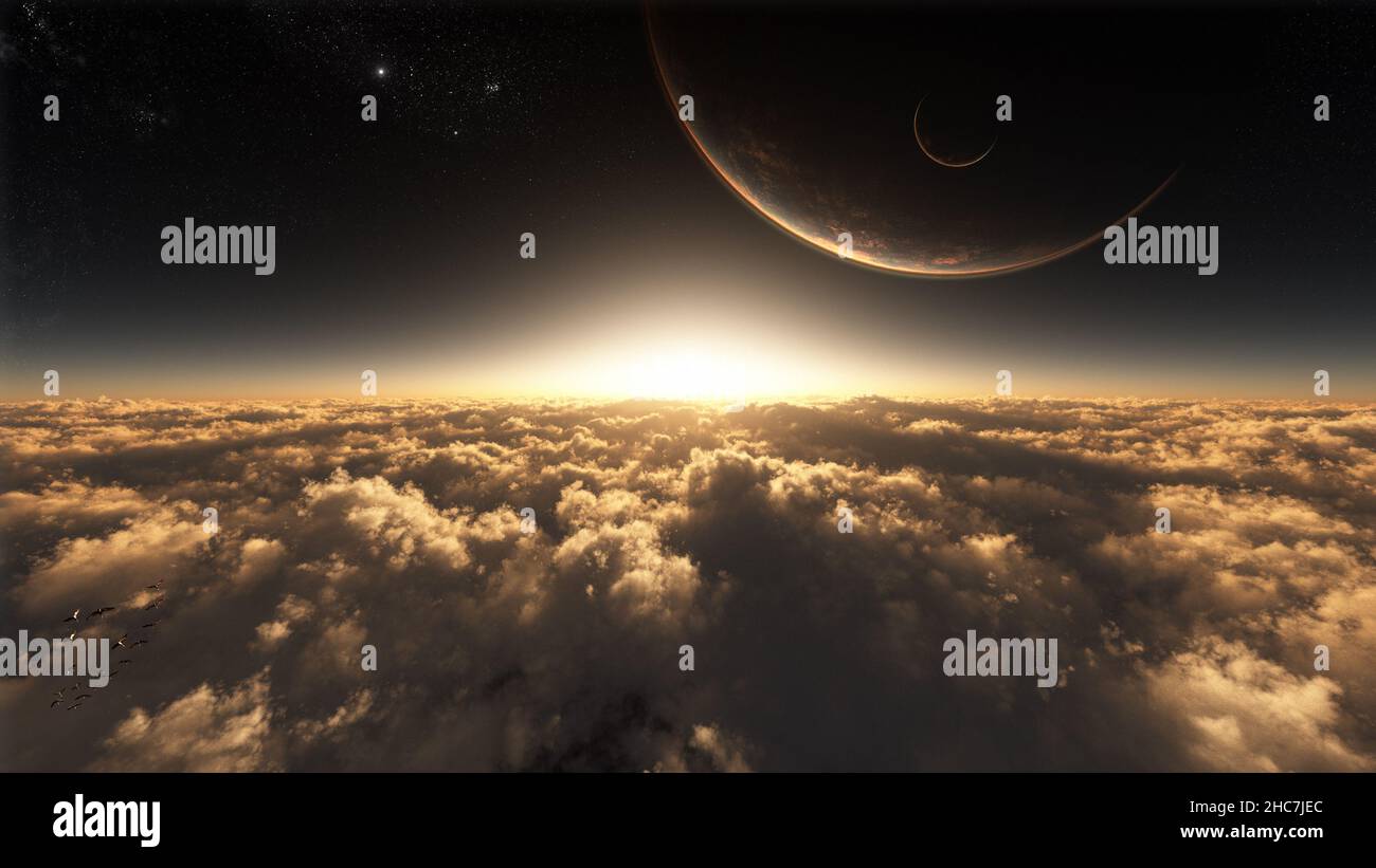 A 3D rendering of a majestic view of the planets gleaming above the ...