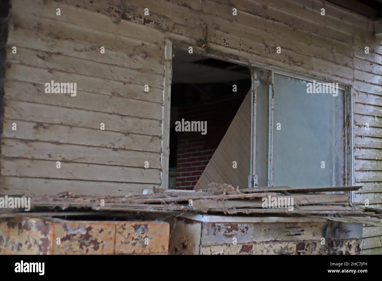 Old creepy scary wooden overgrown abandoned mansion in rural Georgia ...