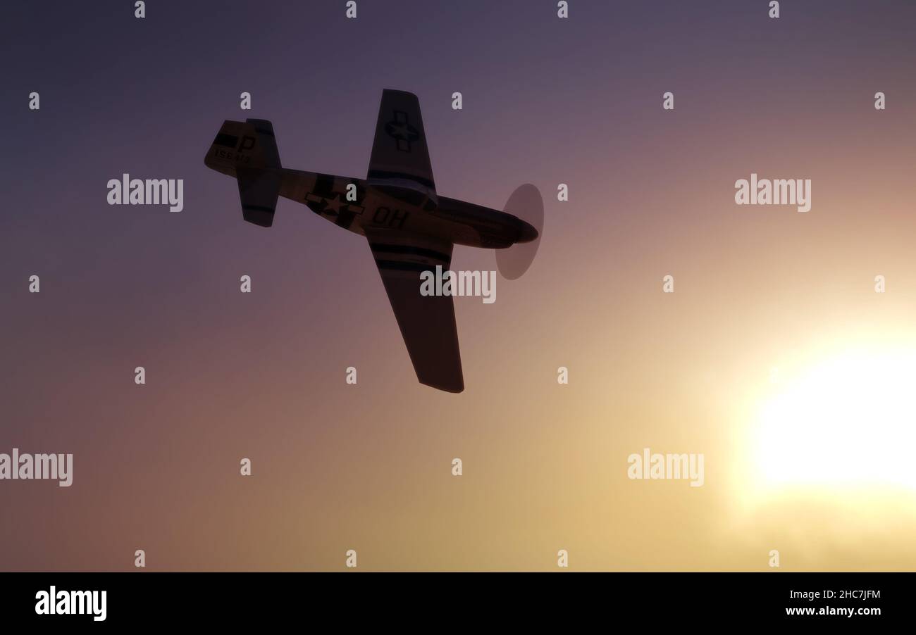 A 3D rendering of a plane soaring through the sky with the sun shining ...