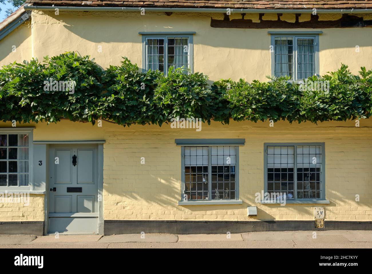 Quaint yellow cottage with green creeper Stock Photo - Alamy