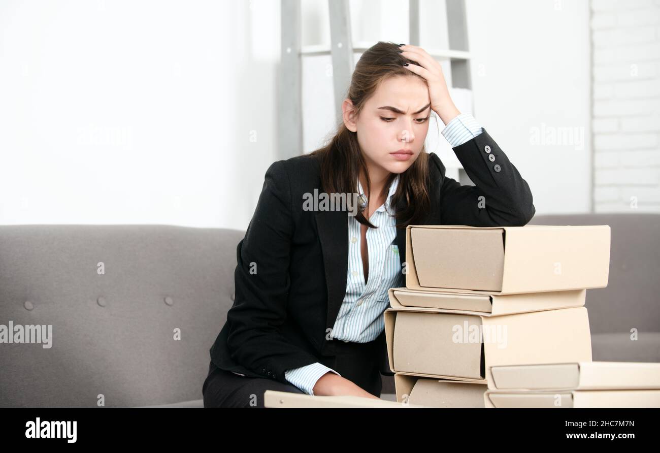 Sad secretary girl, stressed overworked businesswoman too much work ...