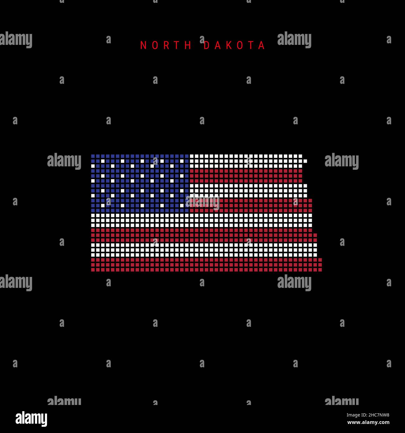 Square dots pattern map of North Dakota. Dotted pixel map with american national flag colors ...