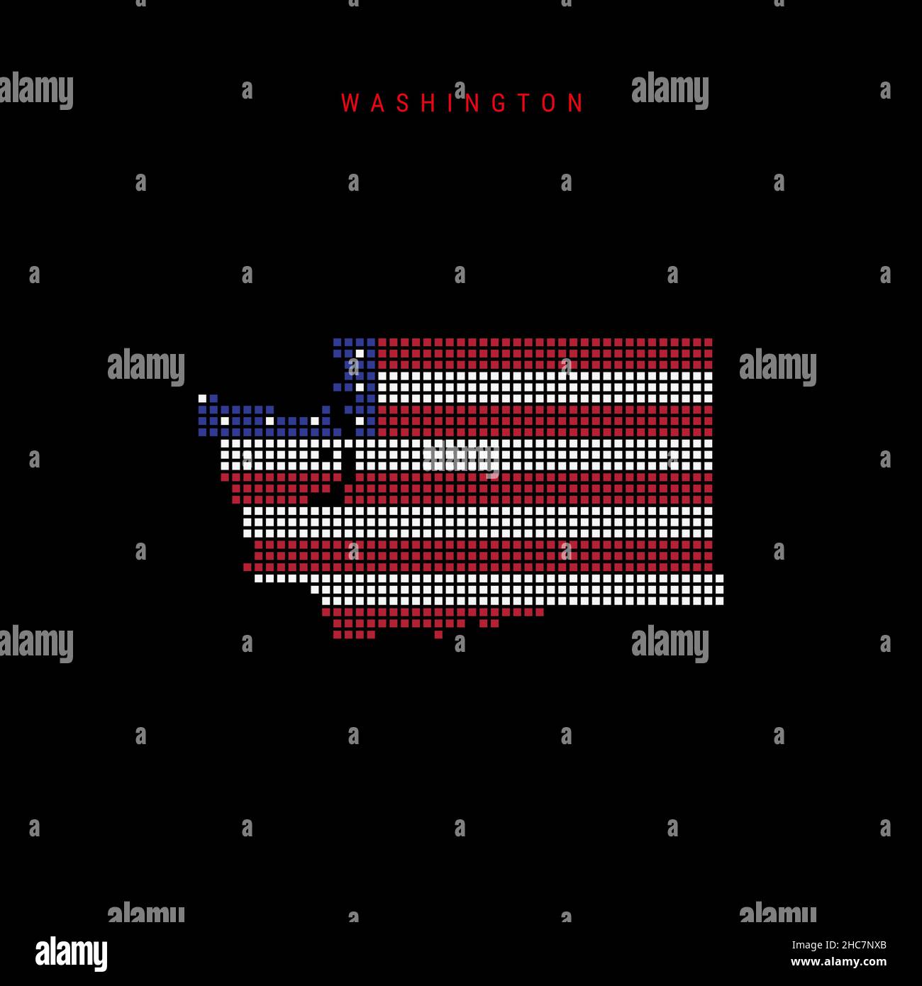 Square dots pattern map of Washington. Dotted pixel map with american national flag colors ...