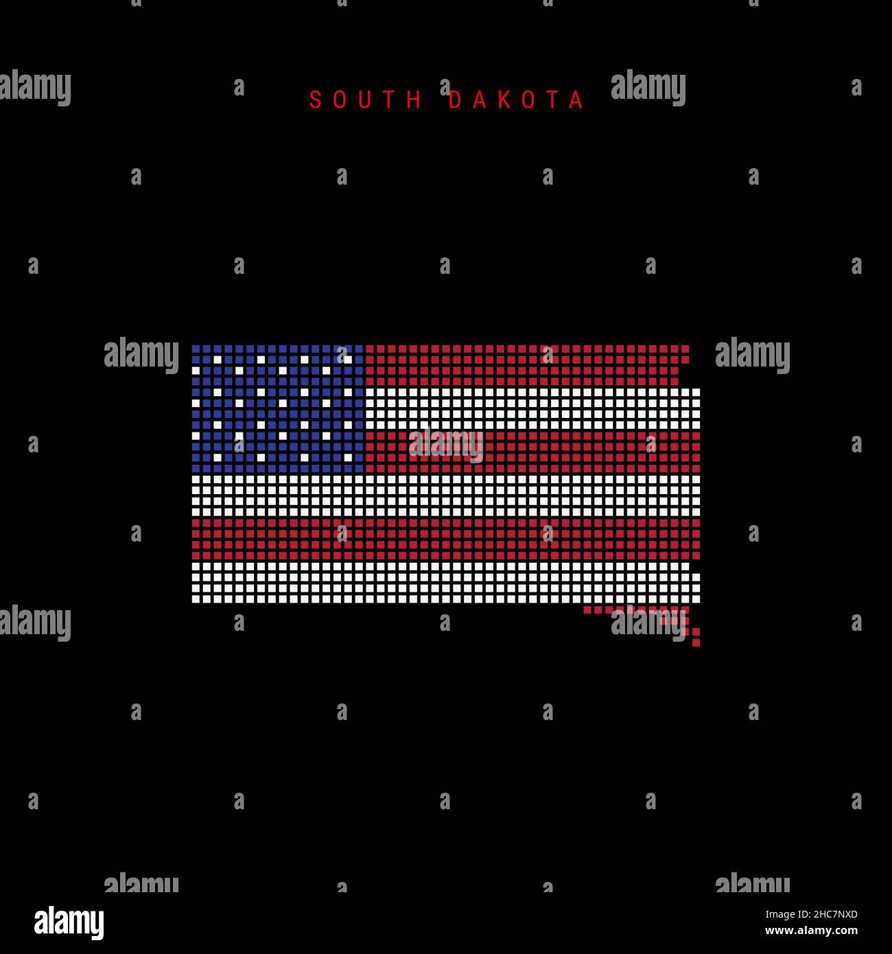 Square dots pattern map of South Dakota. Dotted pixel map with american national flag colors ...
