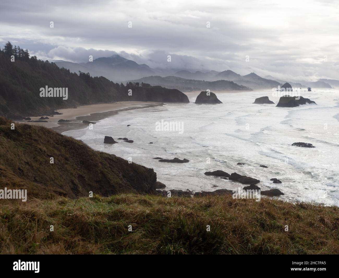 Overlook of the sandy beach and sea stacks along the Oregon Coast with ...
