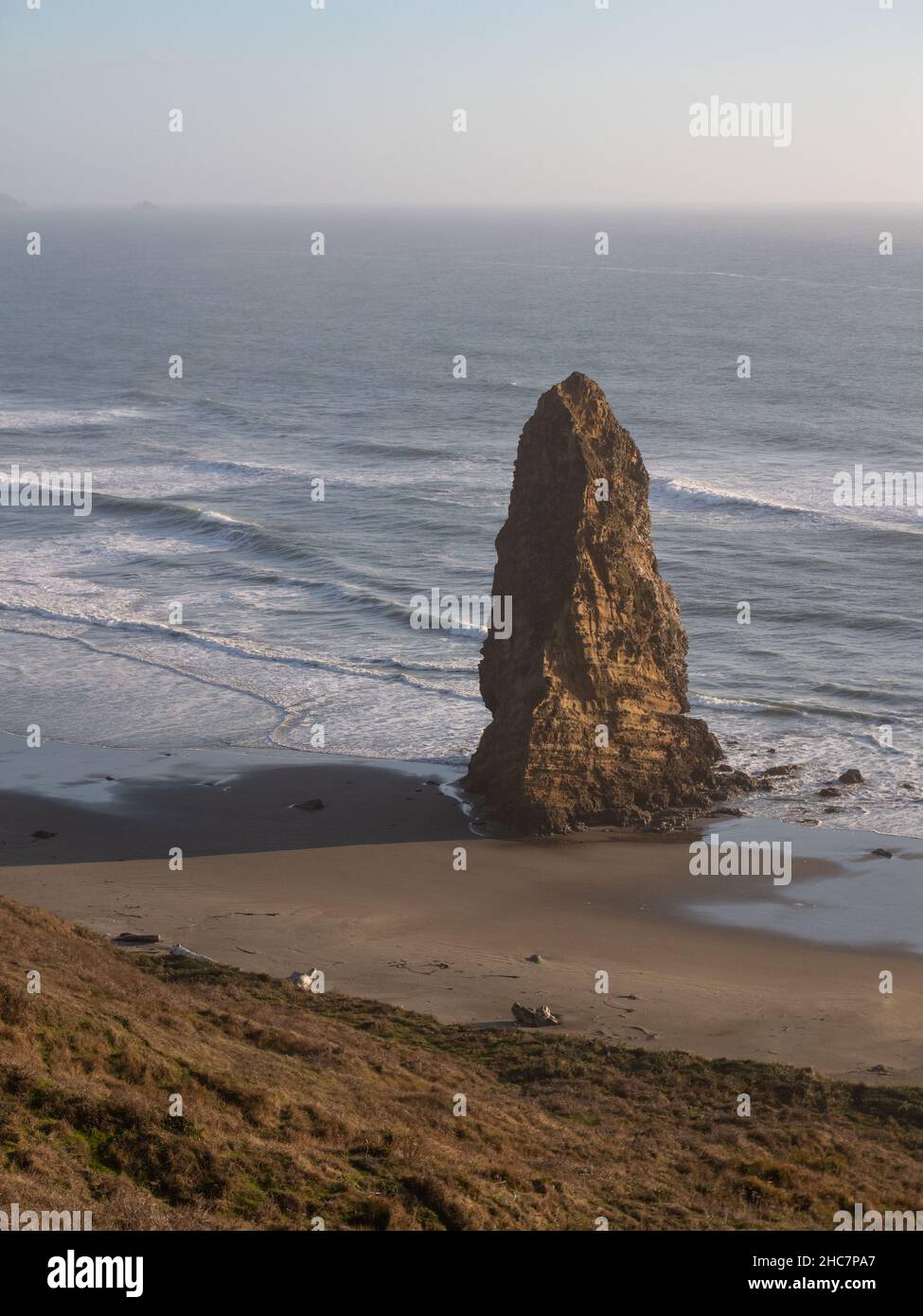 Sea stack at the edge of the Pacific Ocean at Blanco State Park in ...