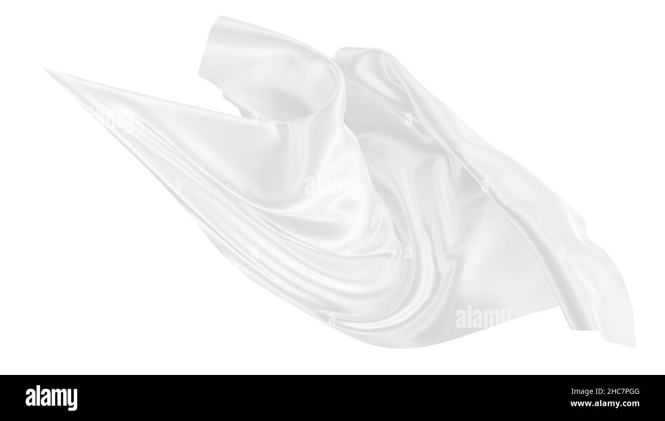 Beautiful flowing cloth flying in the wind. White wavy silk or satin ...