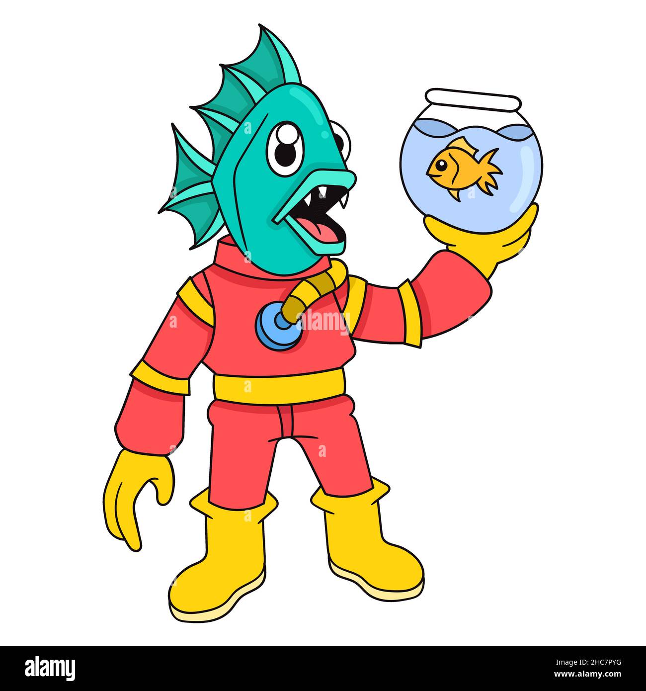 Fish-headed monster man raising fish in aquarium, vector illustration ...
