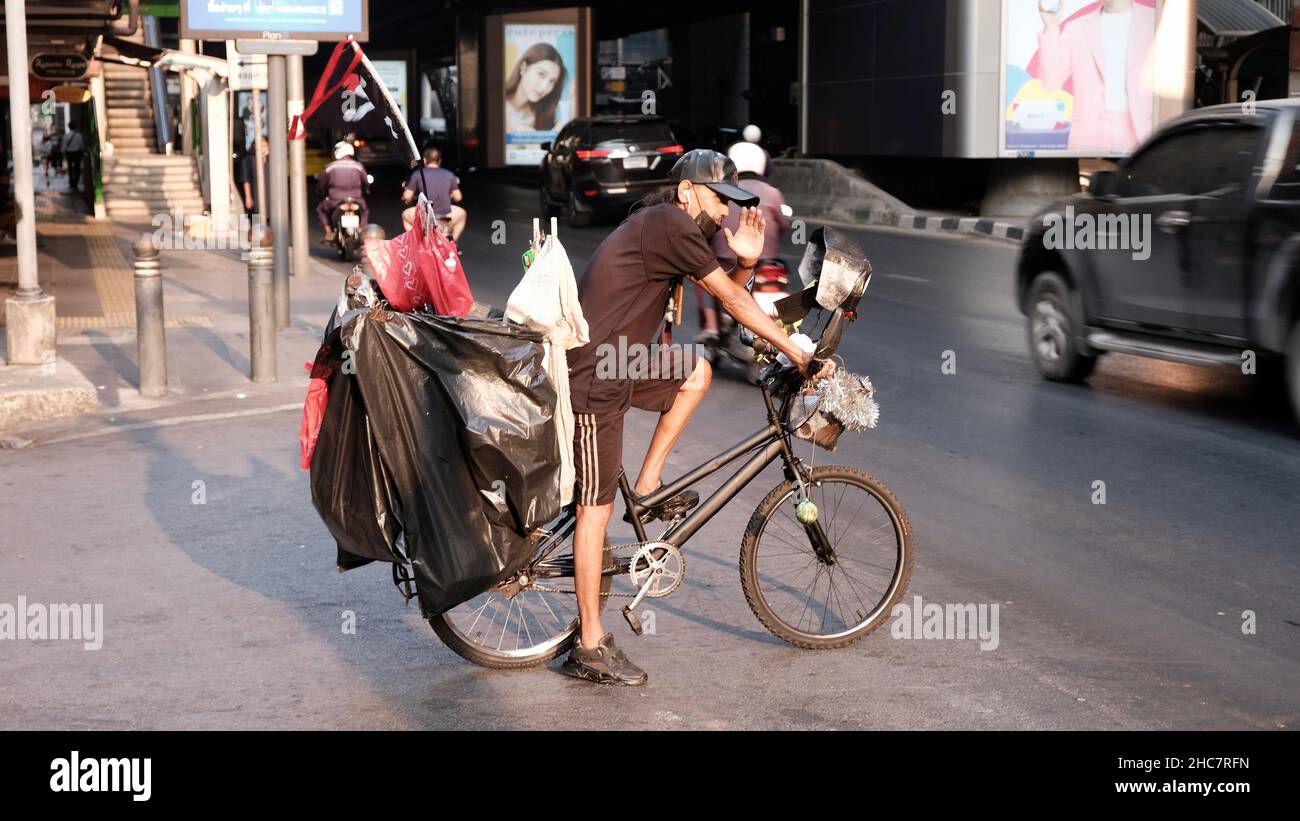 Poor Adult Man on Bicycle Collecting Plastic and Glass Trash on ...