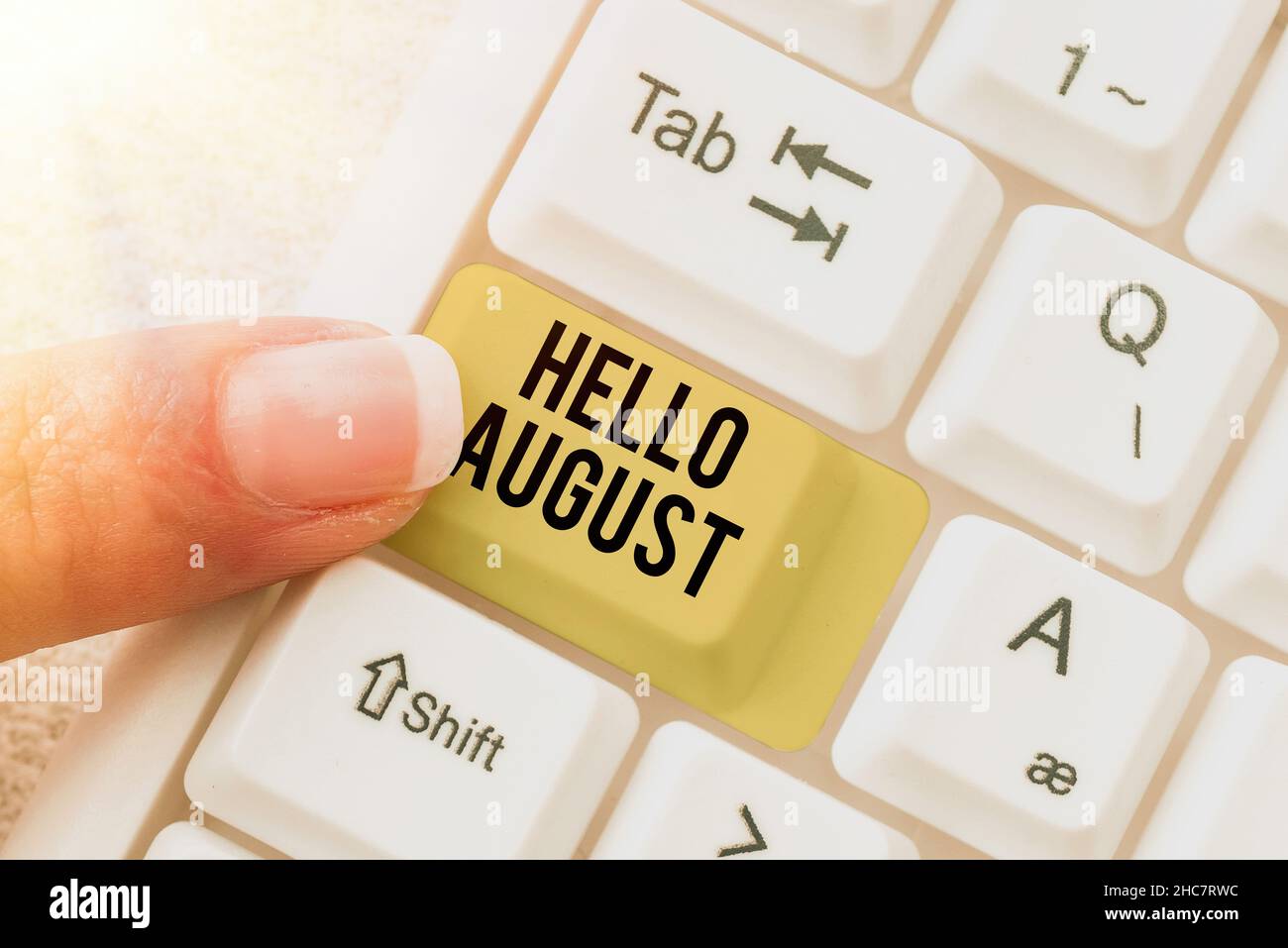 Text caption presenting Hello August. Conceptual photo a positive ...