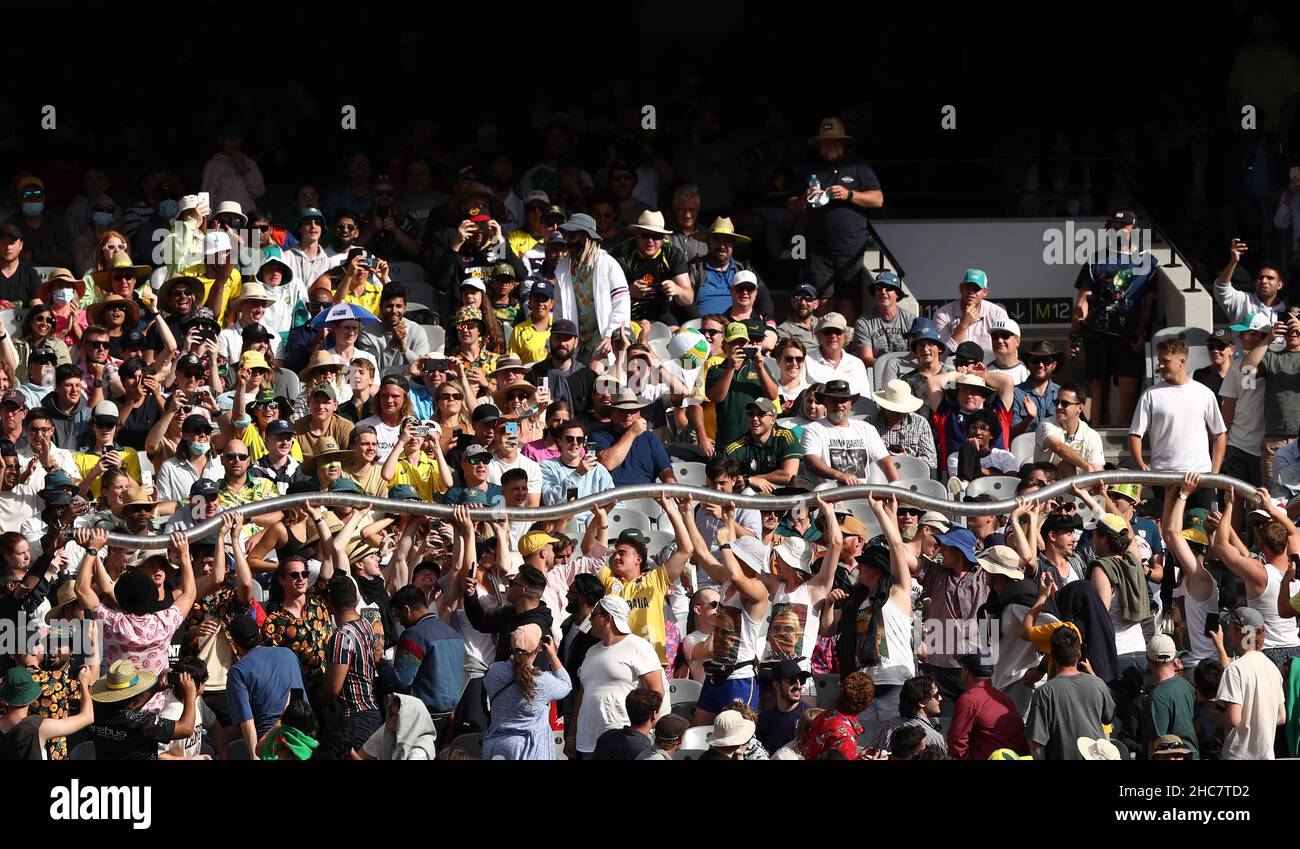 The crowd with a beer snake during day one of the third Ashes test at ...