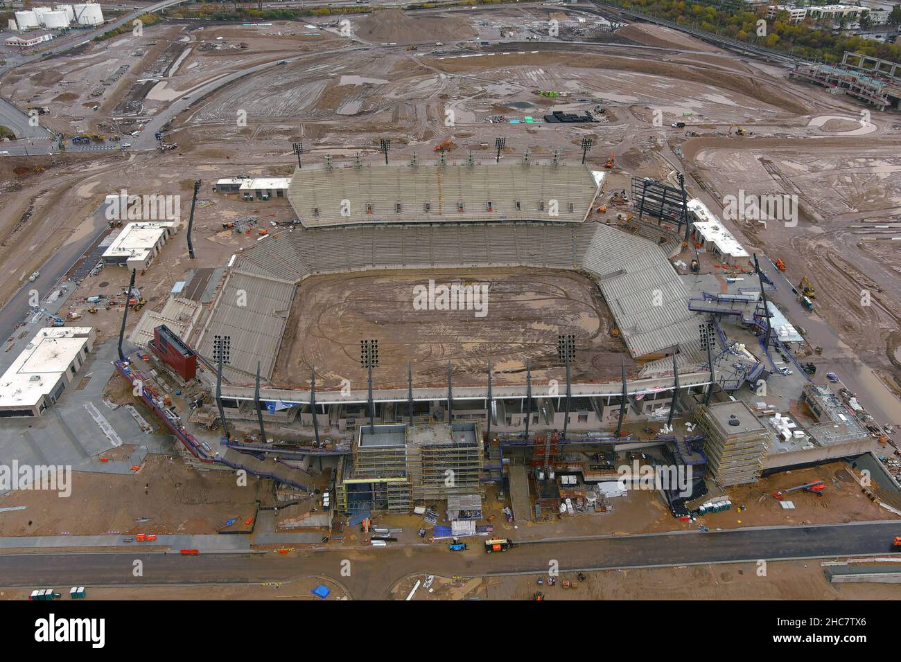 An aerial view of the Snapdragon Stadium construction site on the ...