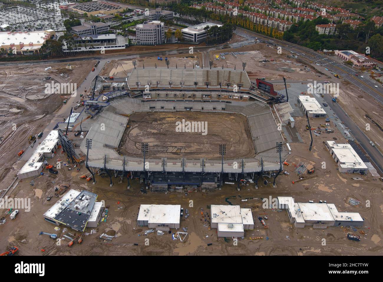 An aerial view of the Snapdragon Stadium construction site on the ...