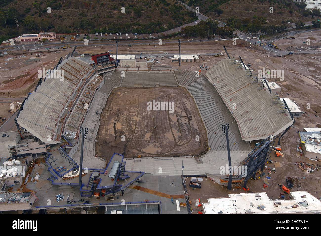 An aerial view of the Snapdragon Stadium construction site on the ...