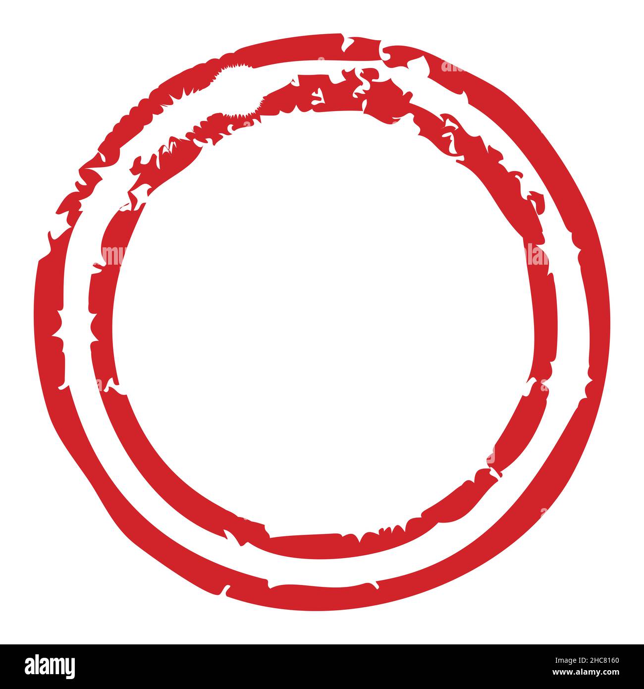 Two red ink circles together as a rubber stamp round borderisolated on ...