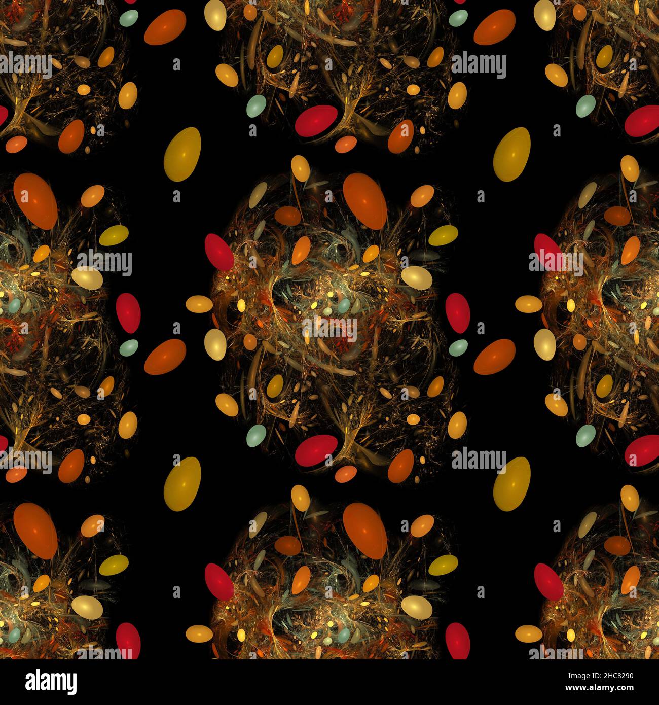 Seamless pattern with fractal abstract eggs in nests, black background ...