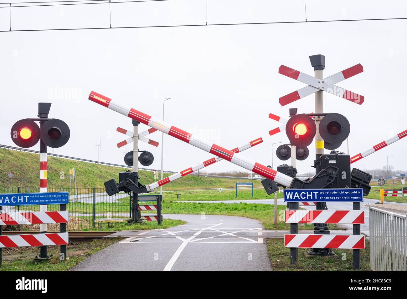 Level crossing with closing railway trees and flashing warning lights ...