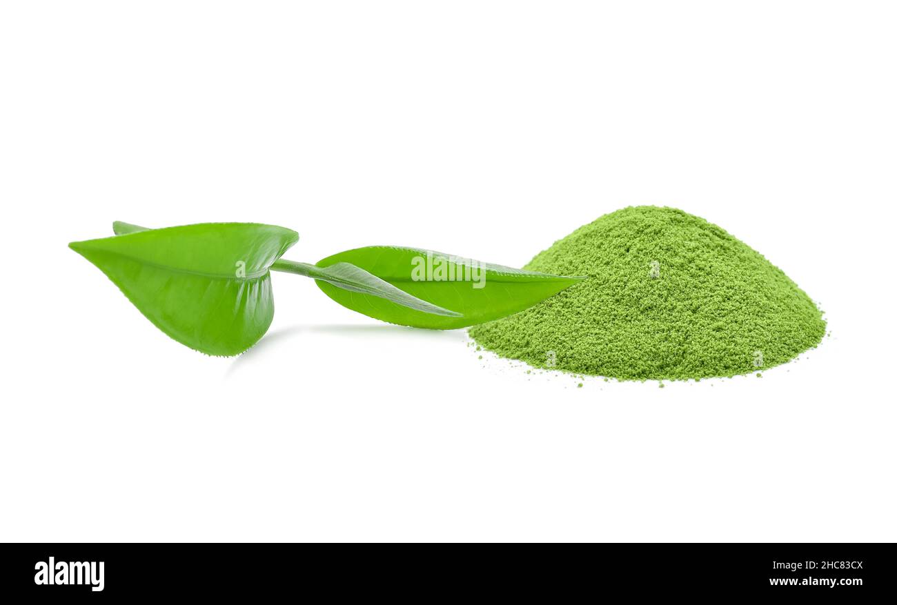 powder green tea with green tea leaf on white background Stock Photo ...