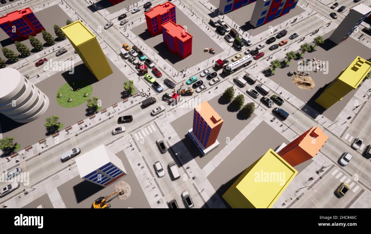 Road works traffic jam drone aerial top view highway transportation 3d ...