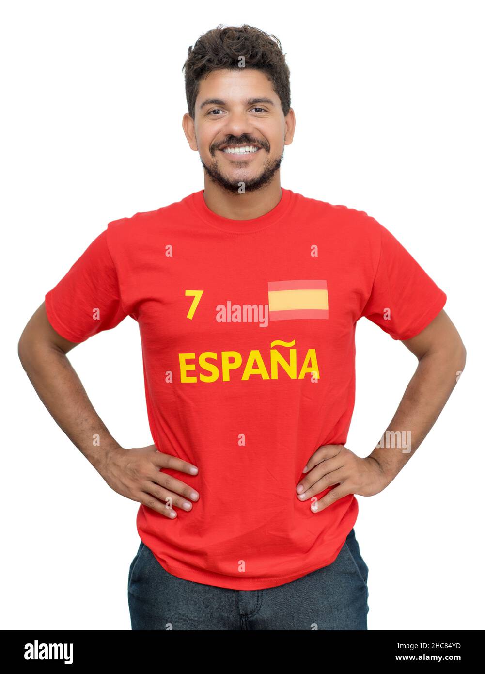 Spanish soccer fan with beard and red jersey isolated on white ...