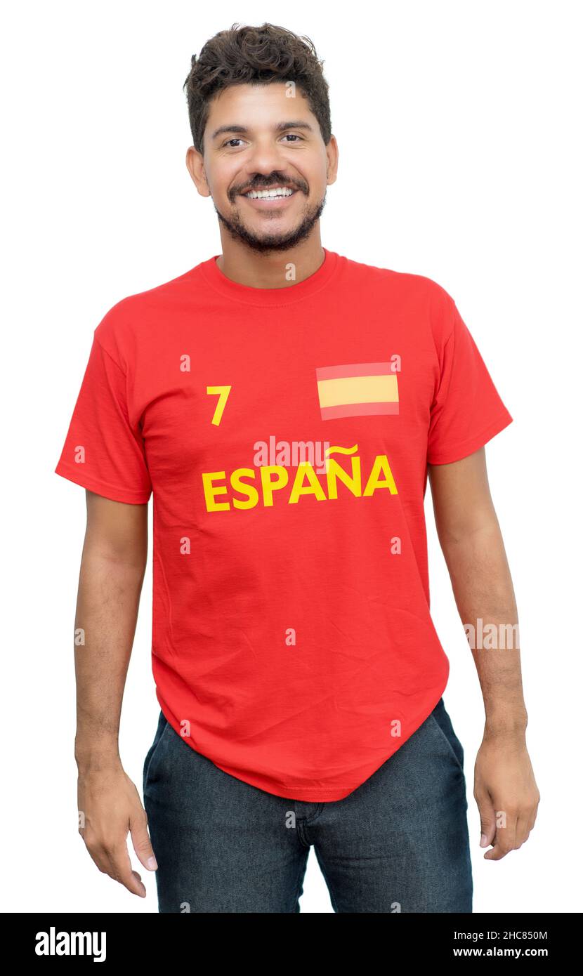 Handsome spanish soccer fan with beard and red jersey isolated on white ...