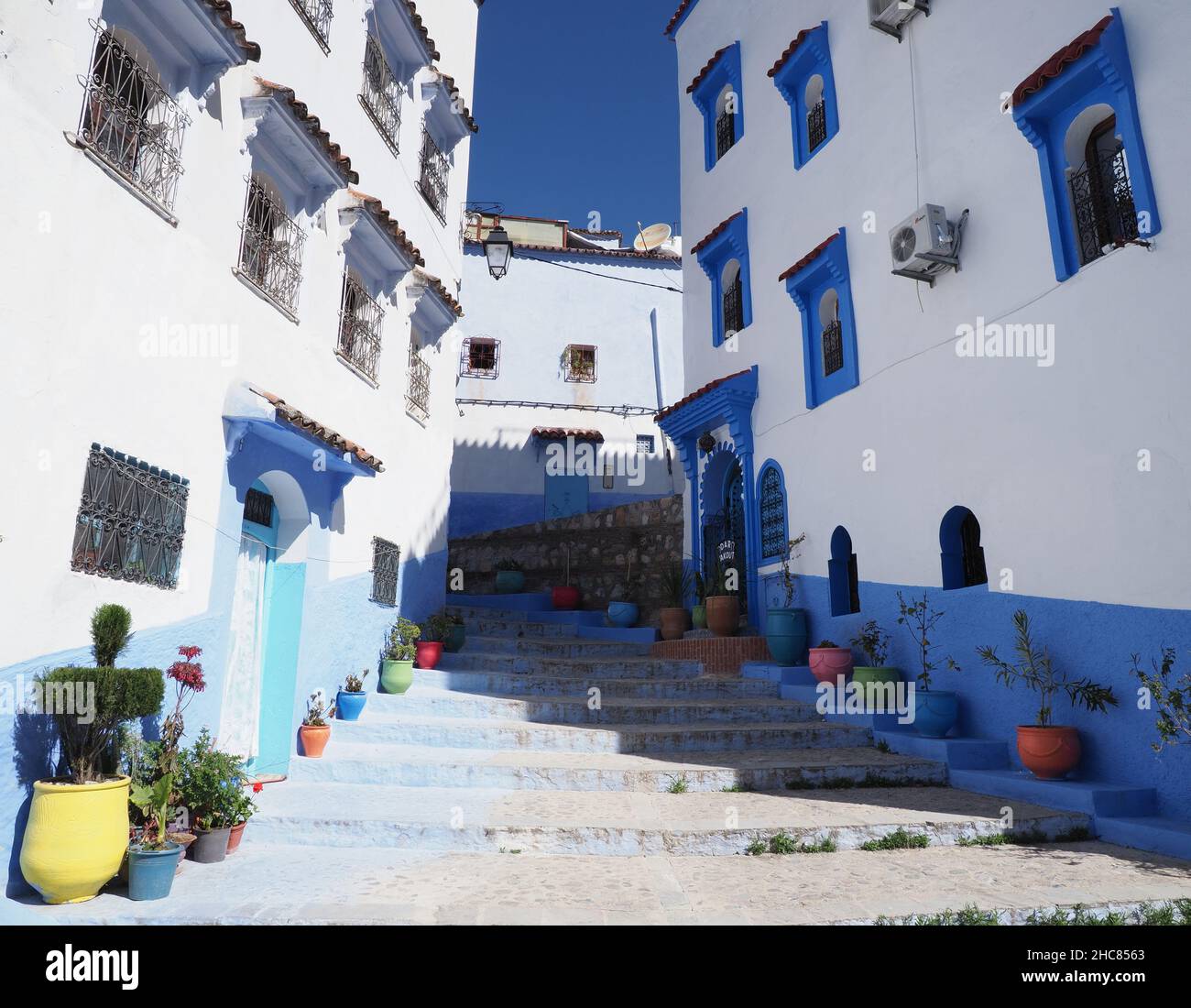 Famous stairs at moroccan alley in african Chefchaouen city in Morocco ...