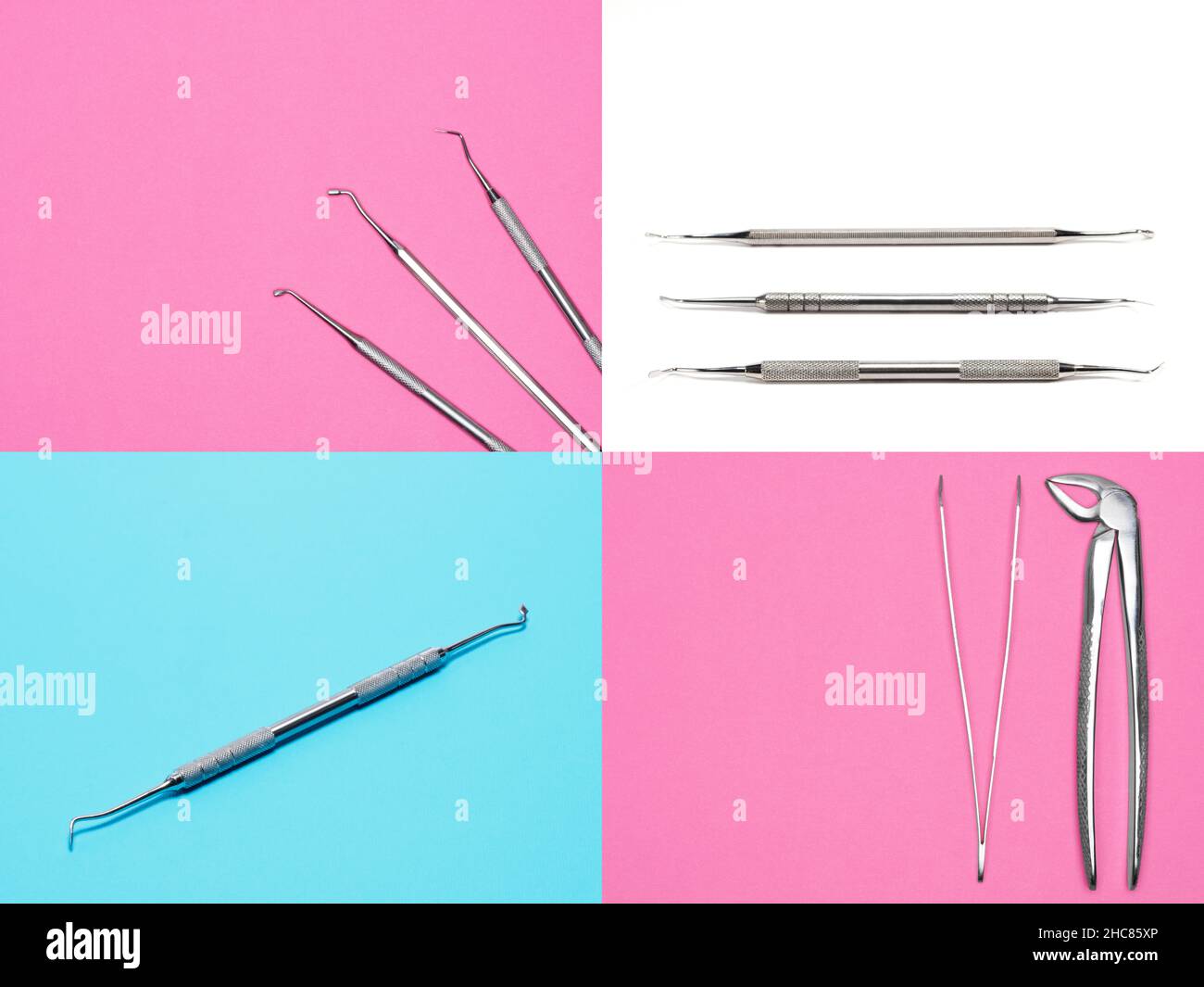 Set of dental professional tools on blue, pink, white background ...