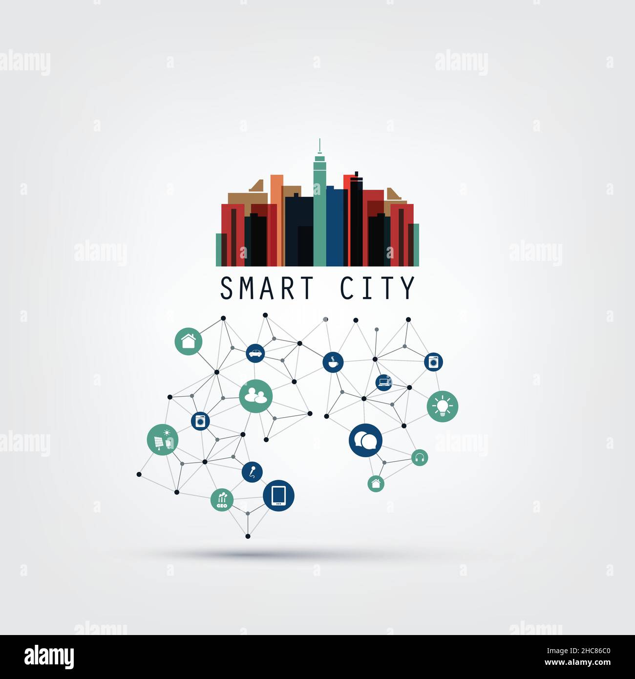 Colorful Smart City Design Concept with Icons - Digital Network ...