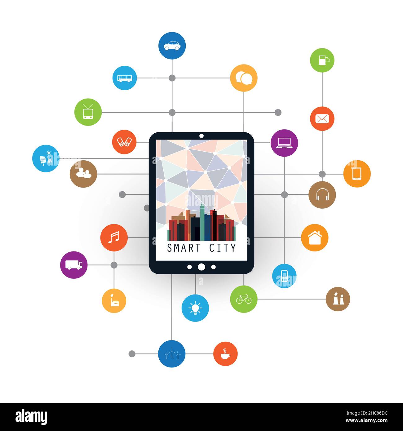 Colorful Smart City Design Concept with Icons - Digital Network ...