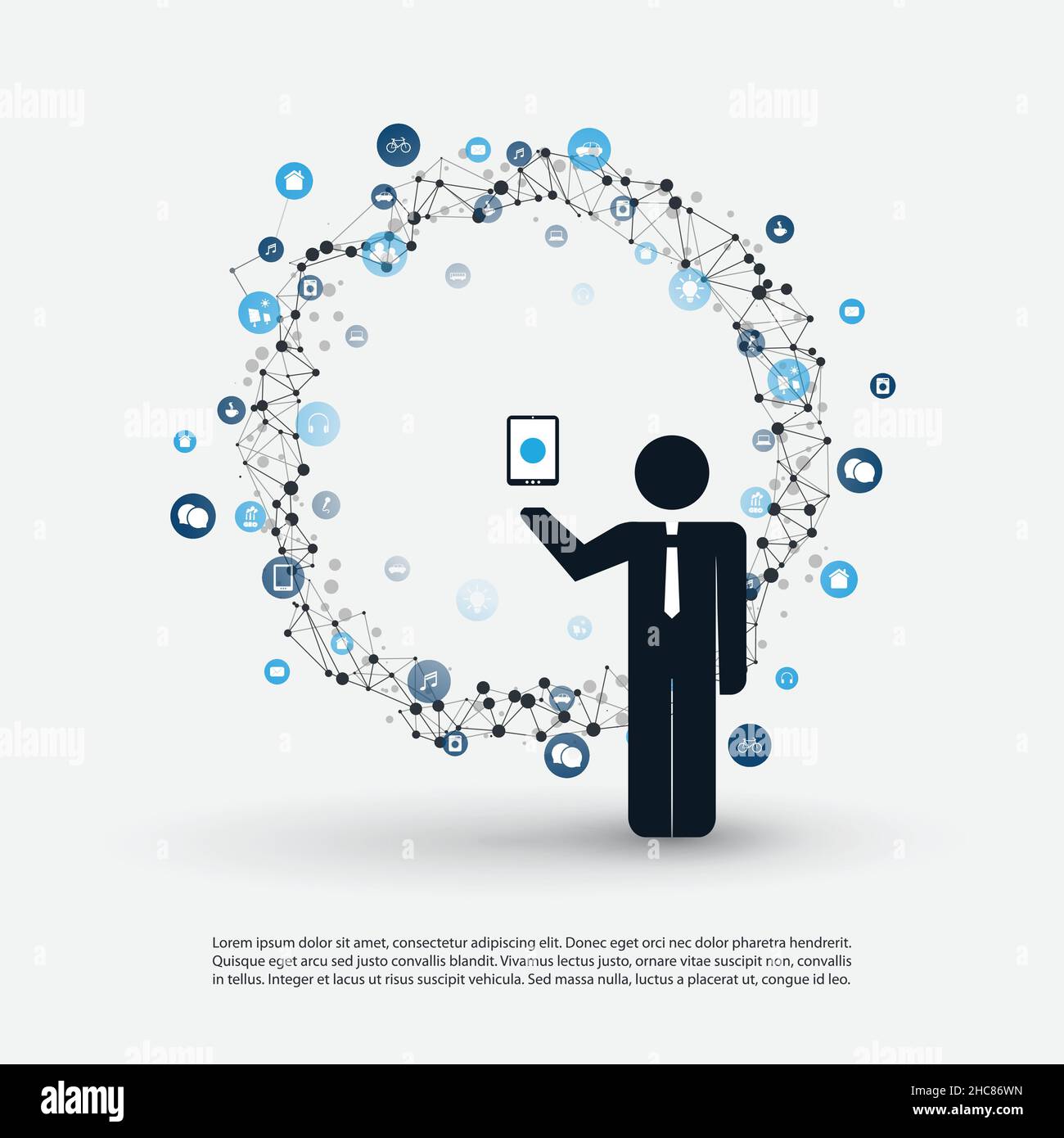 Cloud computing and internet of things design concept with a standing business man, holding ...