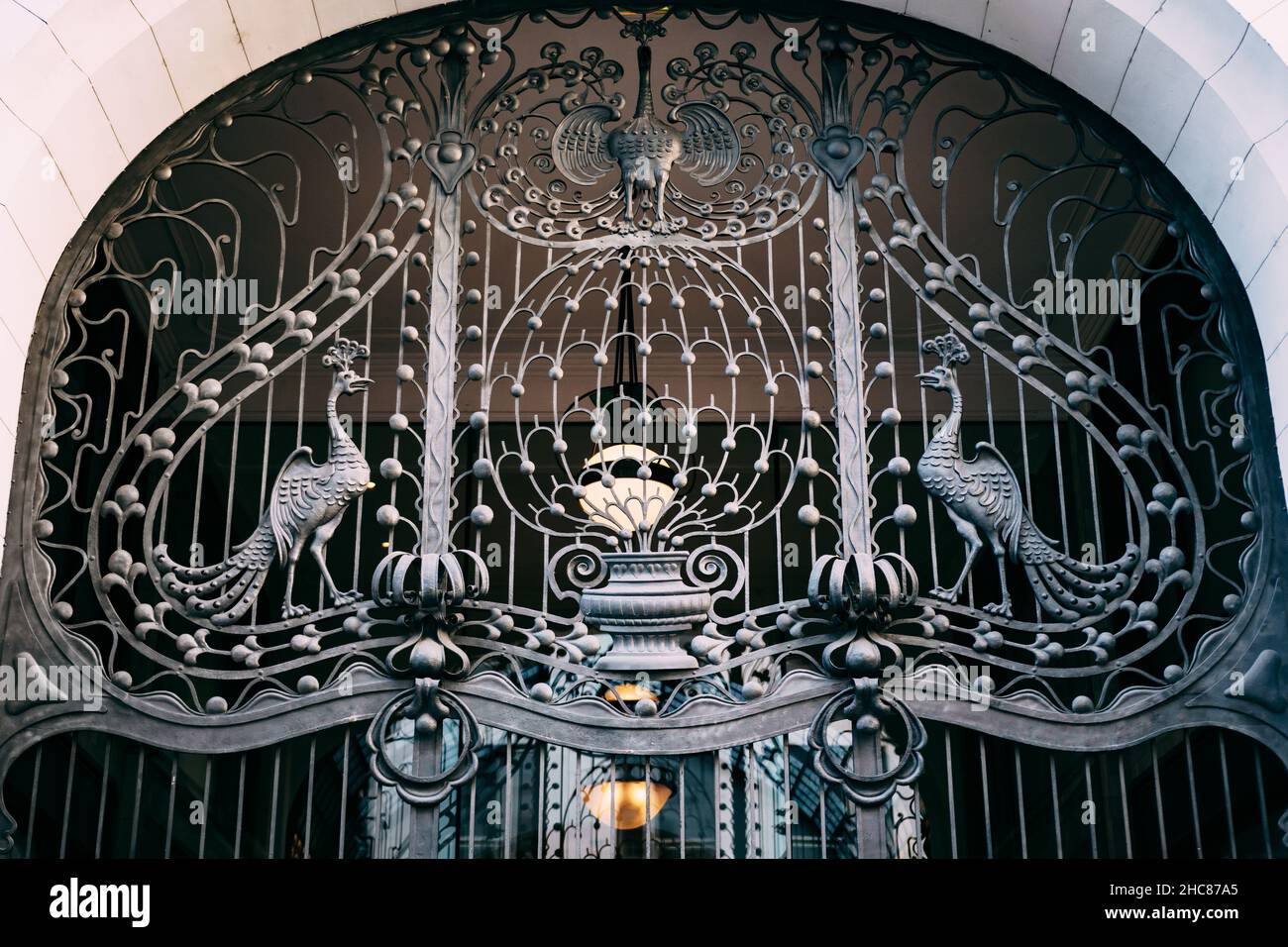 Black arched art metal wrought iron gate with the image of peacocks ...