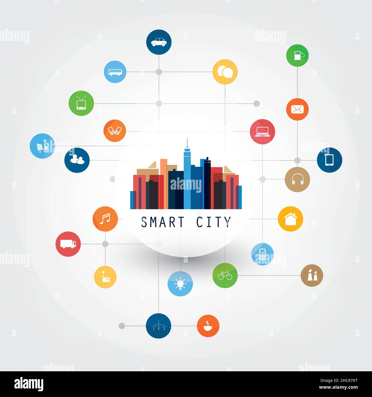 Colorful Smart City, Cloud Computing Design Concept with Icons - Digital Network Communication ...