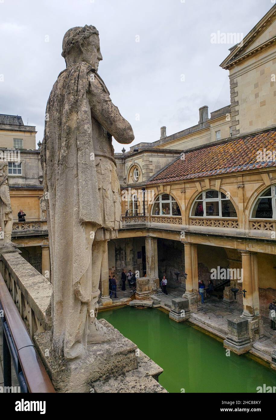 Statue on the railing of Roman Baths in England, United Kingdom Stock ...