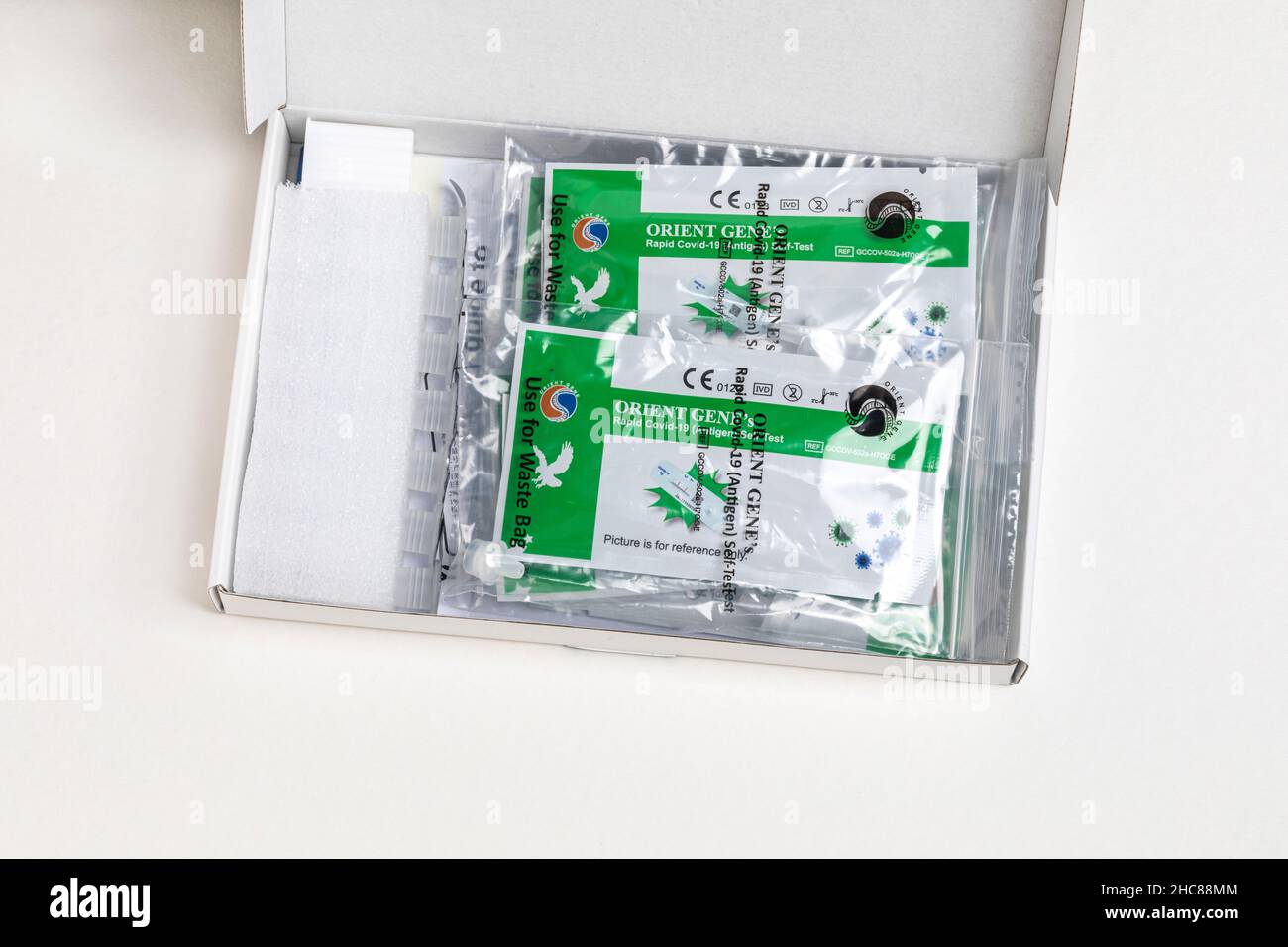An open Covid 19 Lateral Flow self testing kit Stock Photo - Alamy