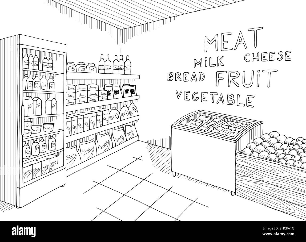 Grocery interior store shop black white graphic sketch illustration ...